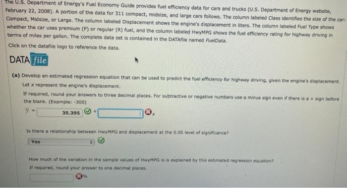 Solved The U.S. Department of Energy's Fuel Economy Guide | Chegg.com