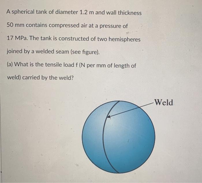 Solved A spherical tank of diameter 1.2 m and wall thickness | Chegg.com