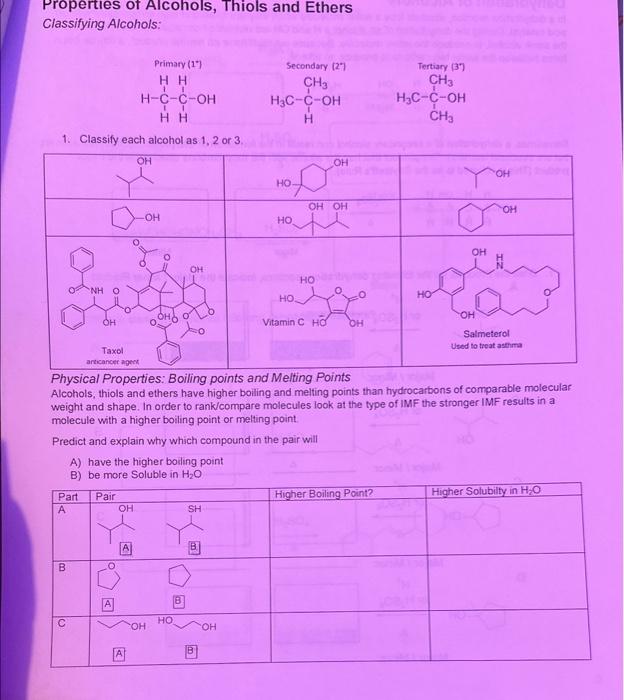 Solved Properties of Alcohols, Thiols and Ethers Classifying | Chegg.com
