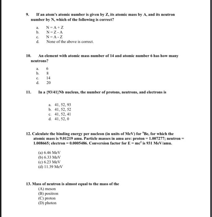 Solved 9. If an atom's atomic number is given by Z, its | Chegg.com