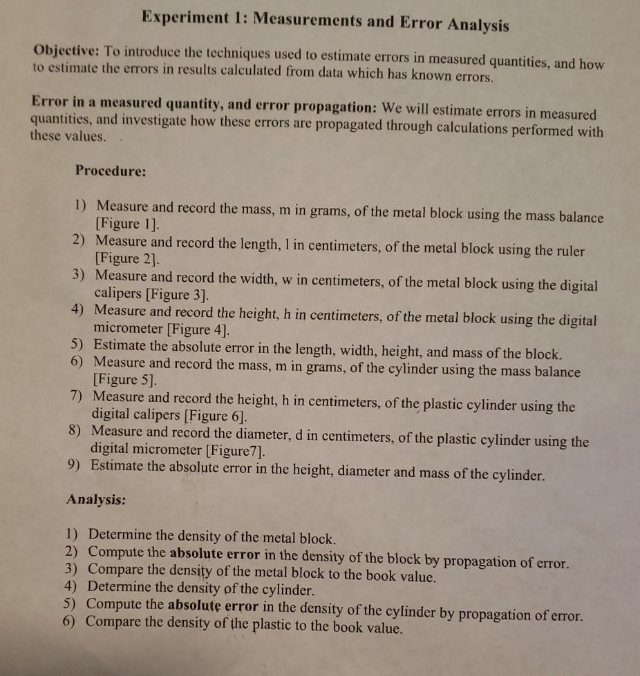 Experiment 1: Measurements and Error Analysis | Chegg.com