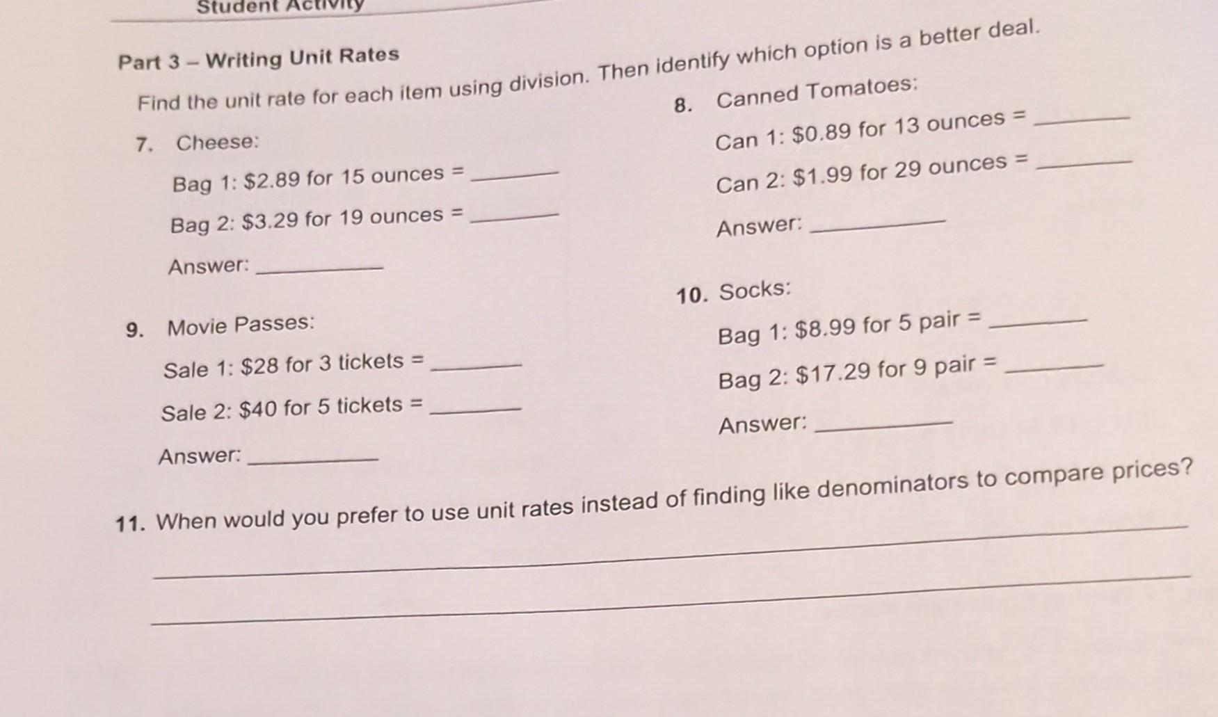 Solved Find the unit rate for each item using division. Then | Chegg.com