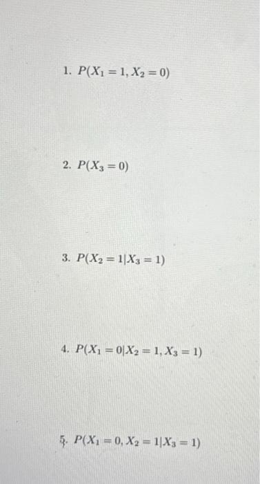 Solved P(X1=1,X2=0) P(X3=0) P(X2=1∣X3=1) P(X1=0∣X2=1,X3=1) | Chegg.com