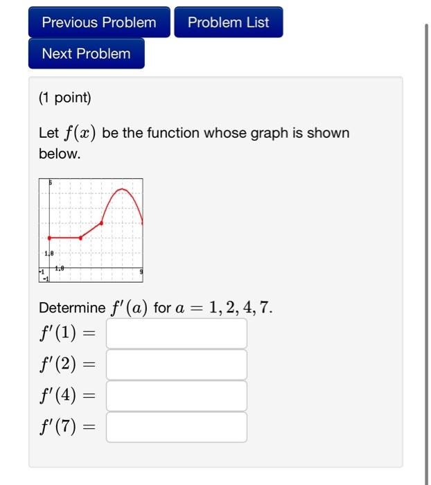Solved (1 point) Let f(x) be the function whose graph is | Chegg.com Solved (1 point) Let f(x) be the function whose graph is | Chegg.com