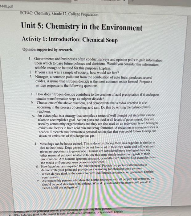 Solved Unit 5: Chemistry in the Environment Activity 1: | Chegg.com