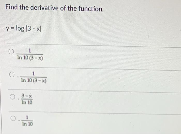 Solved Find the derivative of the function. y = log 13 - x 1 | Chegg.com