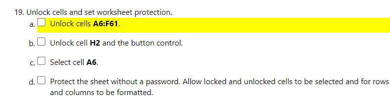 Solved Unlock cells and set worksheet protection.a.Unlock | Chegg.com