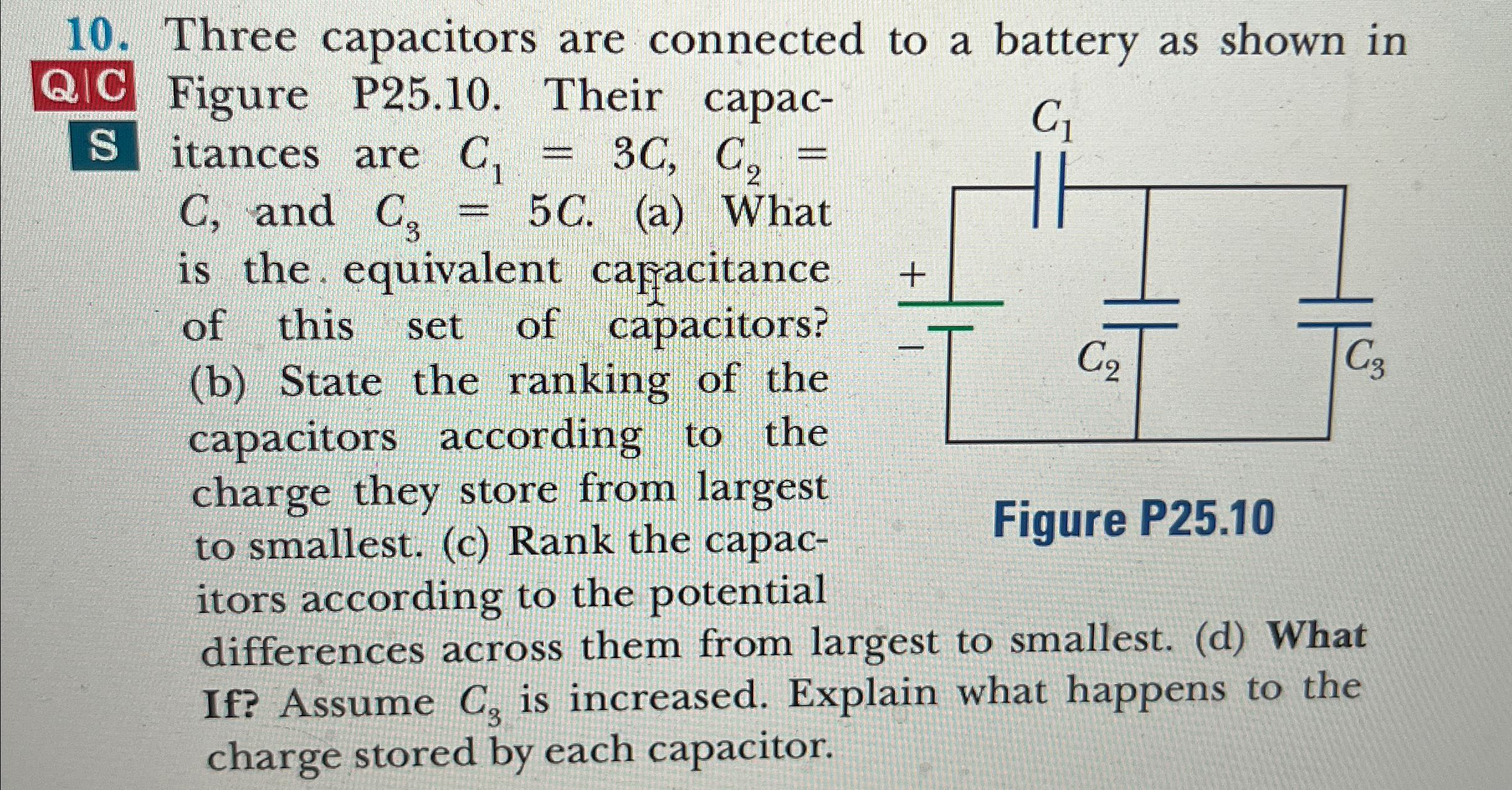 Solved Three capacitors are connected to a battery as shown | Chegg.com