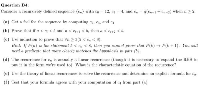 Solved Question B4: Consider a recursively defined sequence | Chegg.com