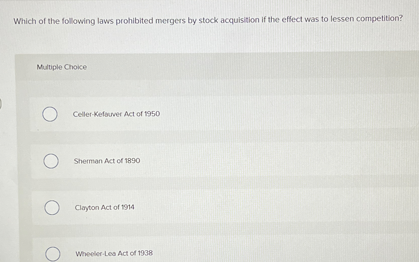 Solved Which of the following laws prohibited mergers by | Chegg.com