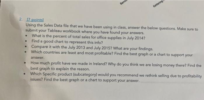 2. 17 points] Using the Sales Data file that we have | Chegg.com