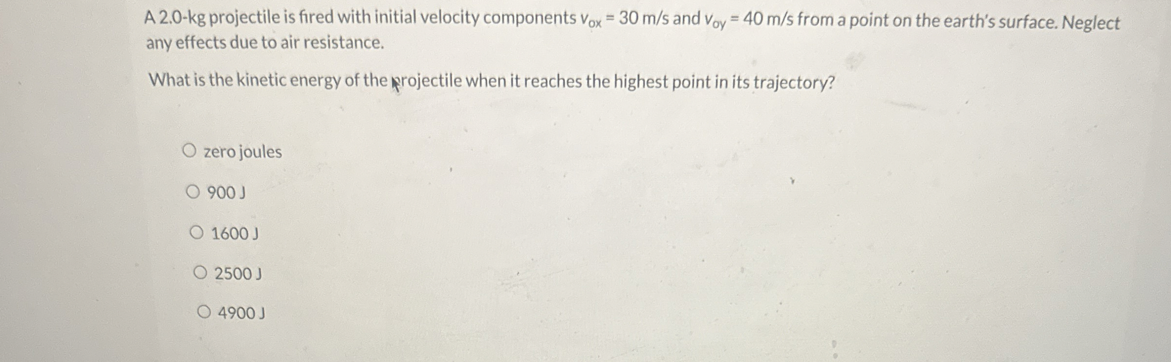 Solved A 2.0- ﻿kg projectile is fired with initial velocity | Chegg.com