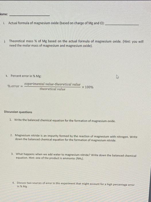 Solved Name: Data Table: Table 1. Mass data for magnesium | Chegg.com