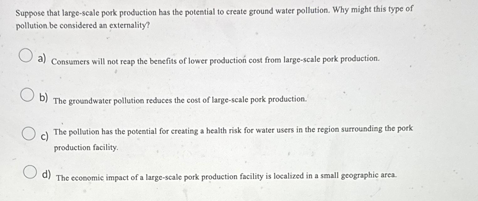 Solved Suppose that large-scale pork production has the | Chegg.com