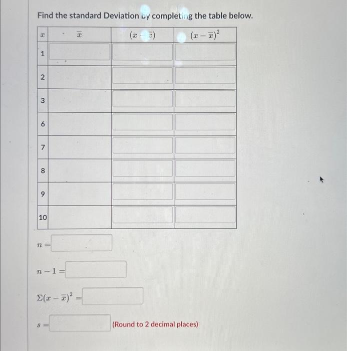 Solved Find the standard Deviation Ly completing the table | Chegg.com