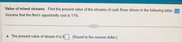 Solved Value of mixed streams Find the present value of the | Chegg.com