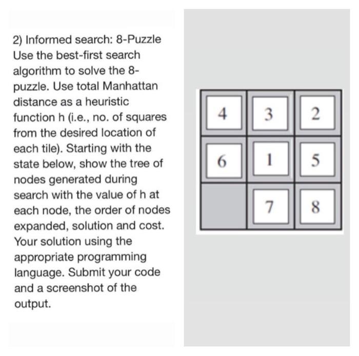 Solved 4 3 2 6 1 5 2) Informed search: 8-Puzzle Use the | Chegg.com