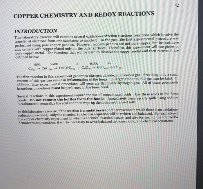 Solved COPPER CHEMISTRY AND REDOX REACTIONS INTRODUCTION | Chegg.com