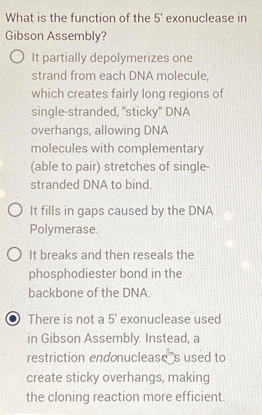 Solved What is the function of the 5' ﻿exonuclease in Gibson | Chegg.com