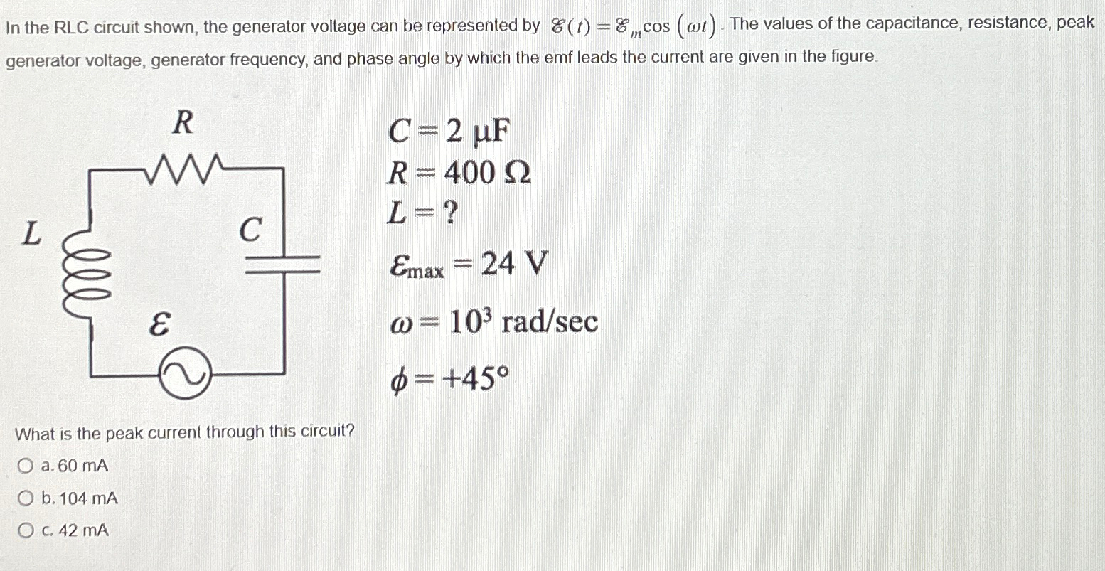 Solved In the RLC circuit shown, the generator voltage can | Chegg.com
