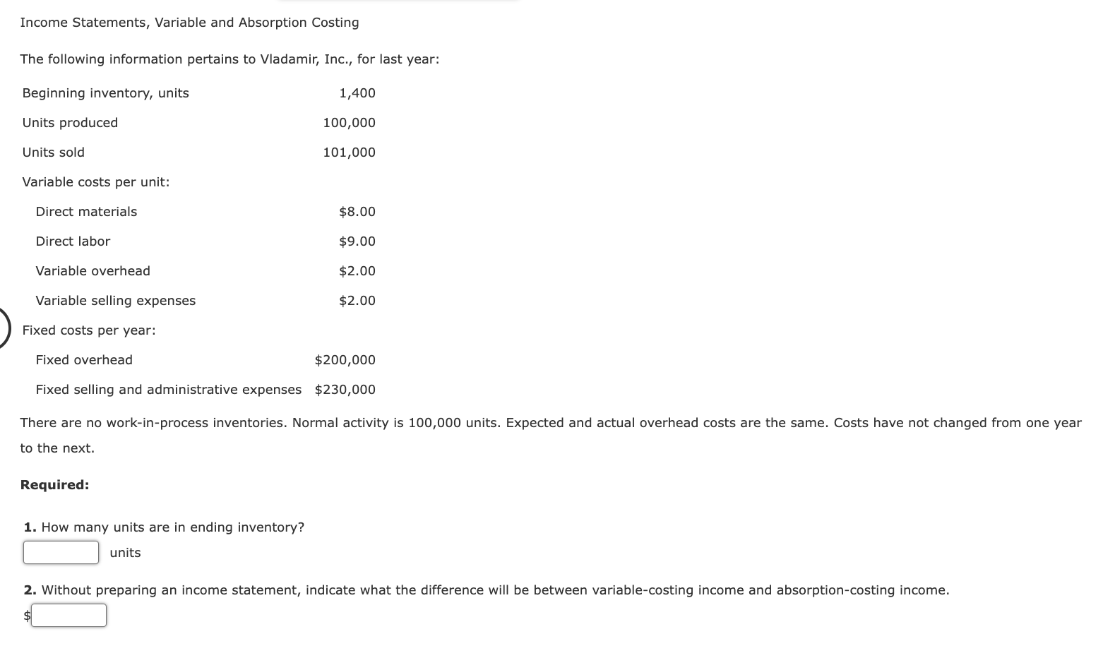 Income Statements, Variable and Absorption Costing | Chegg.com