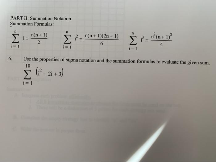 Solved PART II: Summation Notation Summation Formulas: n n n | Chegg.com