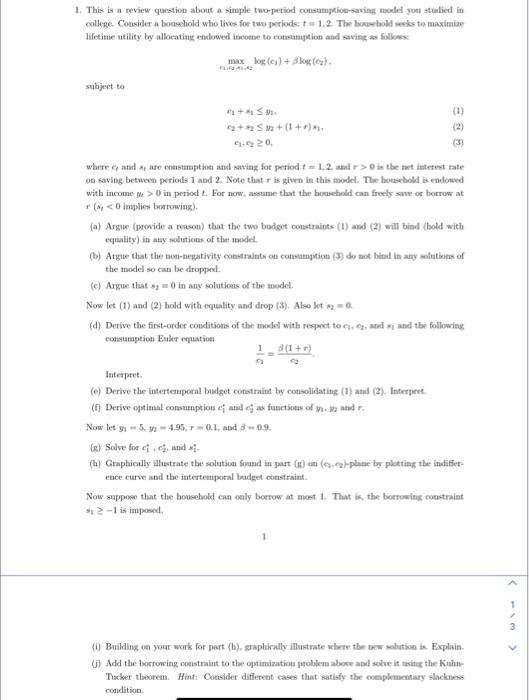 Simple two-period consumption-saving model questions | Chegg.com