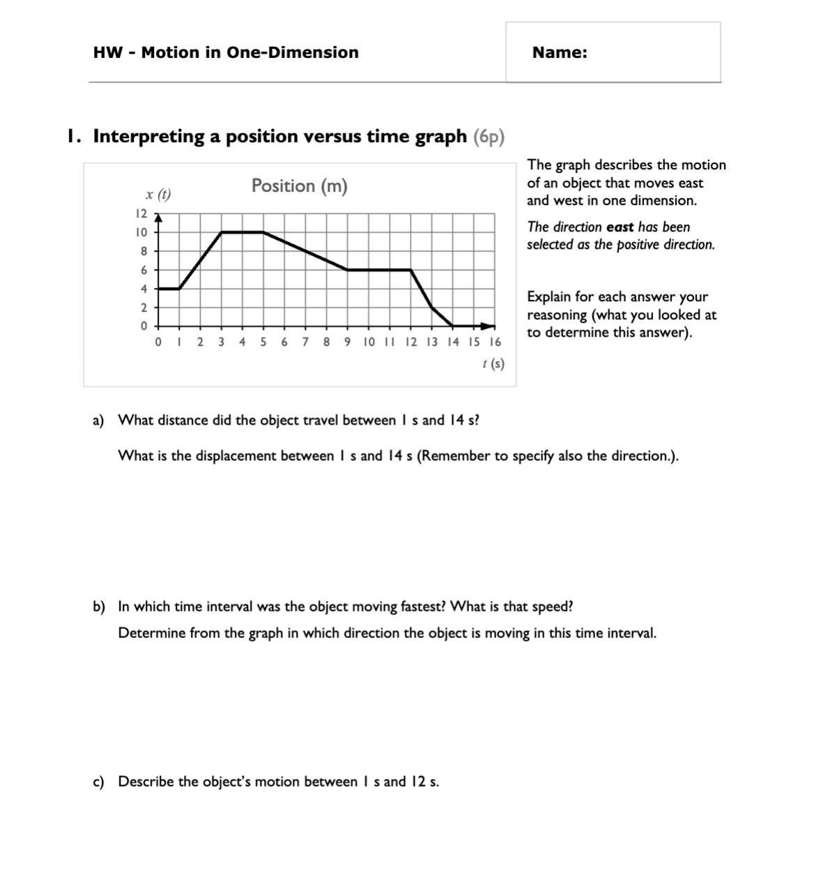 Solved I. Interpreting a position versus time graph (6p) | Chegg.com