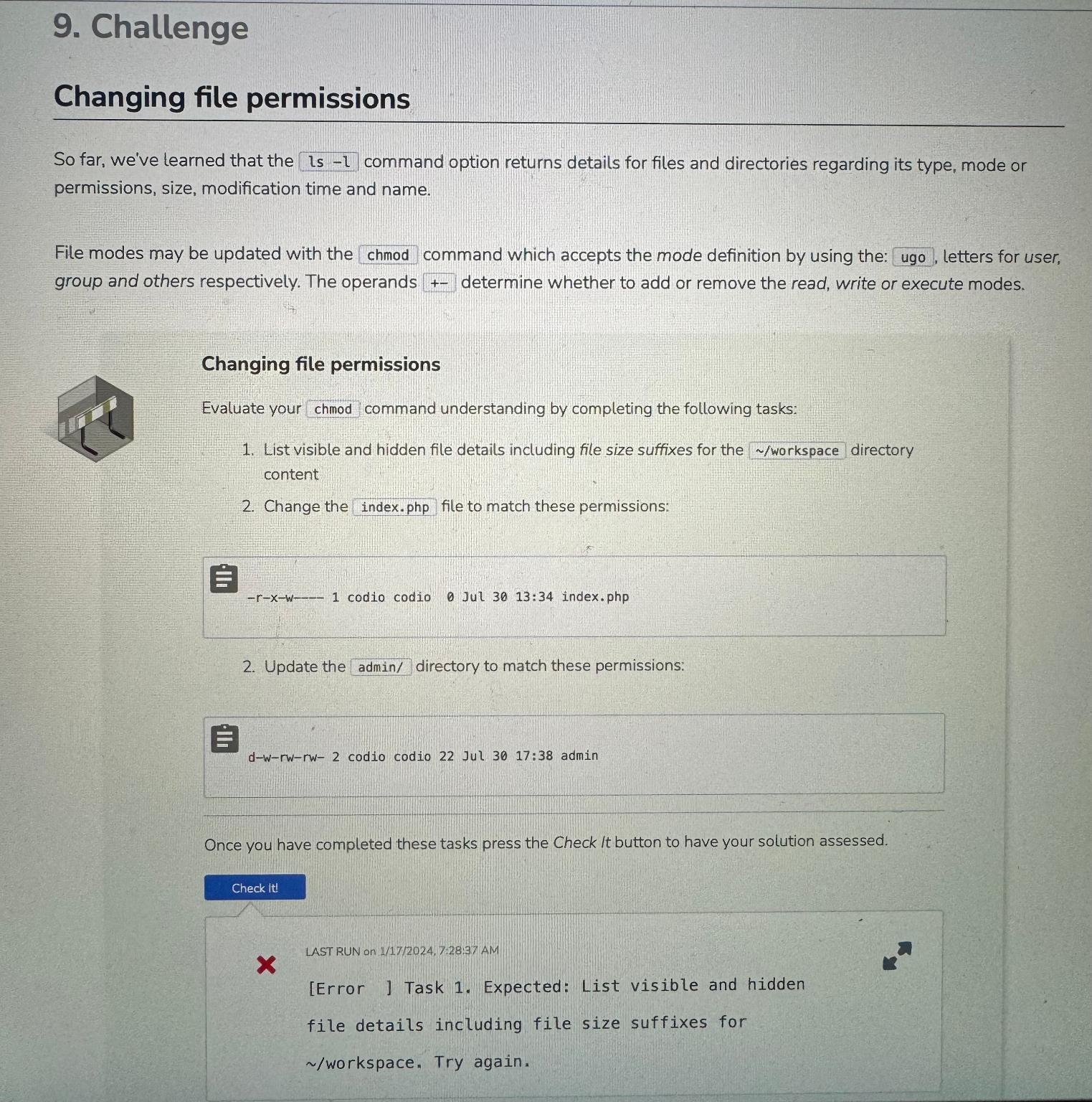 Solved ChallengeChanging file permissionsSo far, we've | Chegg.com