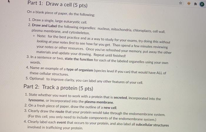 Solved Part 1: Draw a cell (5 pts) On a blank piece of | Chegg.com