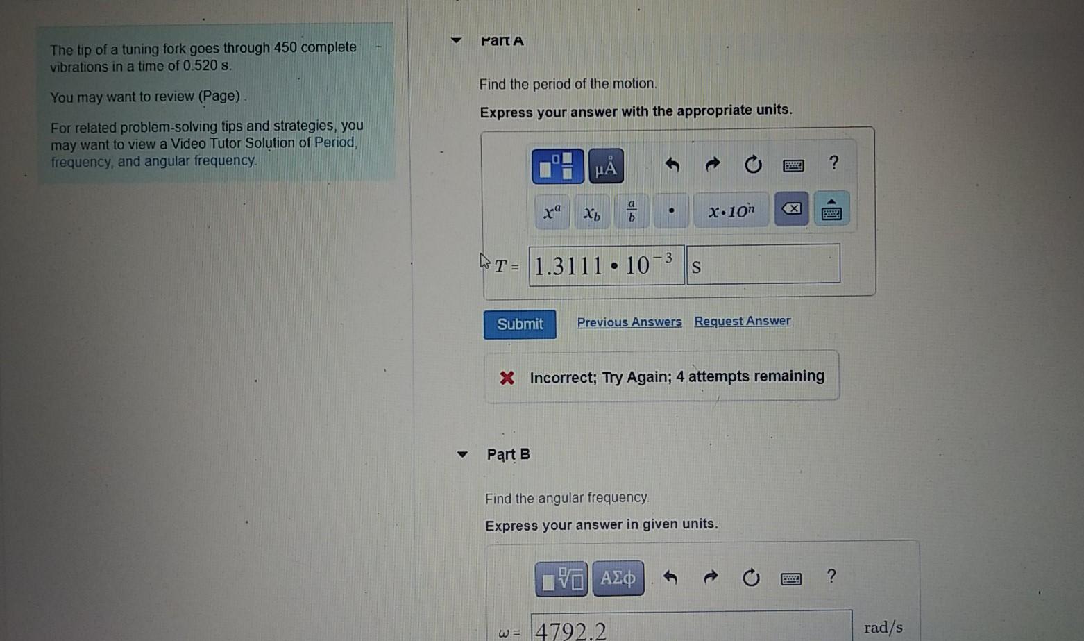 Solved Part A The tip of a tuning fork goes through 450 | Chegg.com