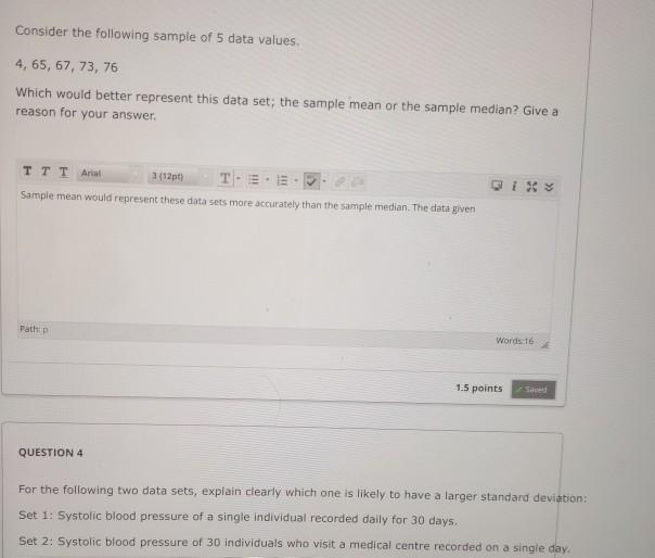 Solved Consider the following sample of 5 data values 4, 65, | Chegg.com