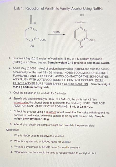 Solved Lab 1: Reduction of Vanillin to Vanillyl Alcohol | Chegg.com