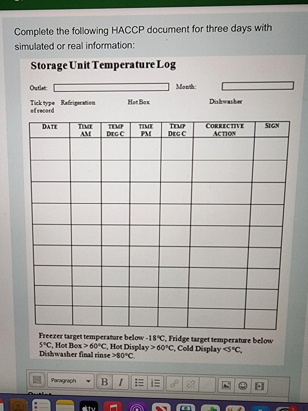 Complete the following HACCP document for three days | Chegg.com