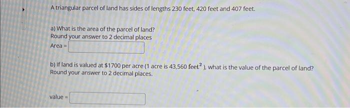 Solved A triangular parcel of land has sides of lengths 230 | Chegg.com