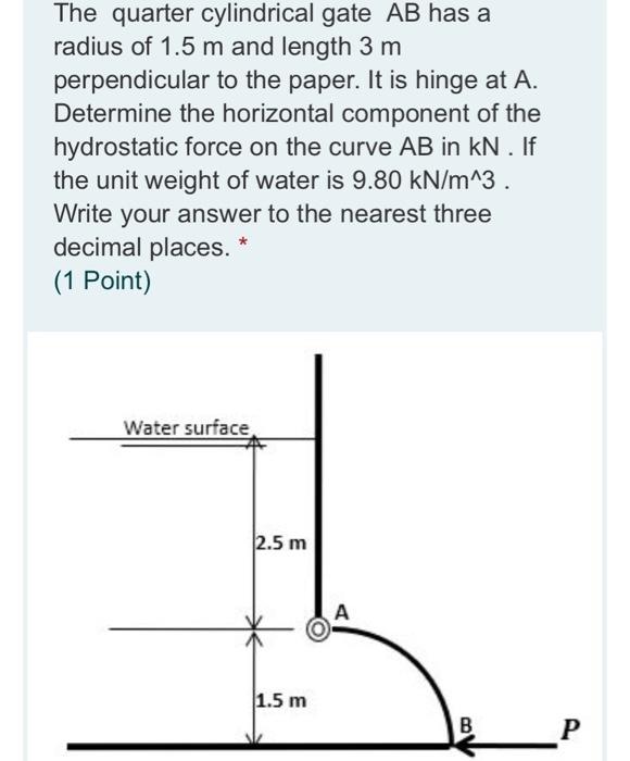 Solved The quarter cylindrical gate AB has a radius of 1.5 m | Chegg.com