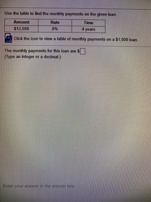 Solved Use The Table To Find The Monthly Payments On The Chegg