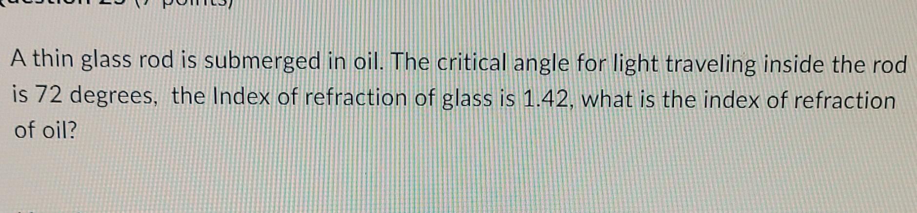 Solved A thin glass rod is submerged in oil. The critical | Chegg.com