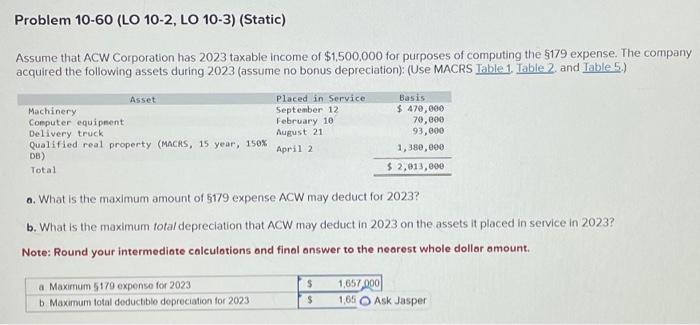 Solved Problem 10-60 (LO 10-2, LO 10-3) (Static) Assume that | Chegg.com