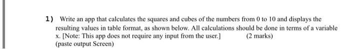 Solved 1 Write An App That Calculates The Squares And Cubes 