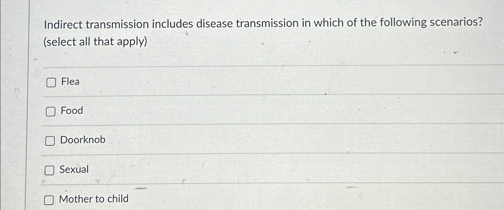 Solved Indirect transmission includes disease transmission | Chegg.com