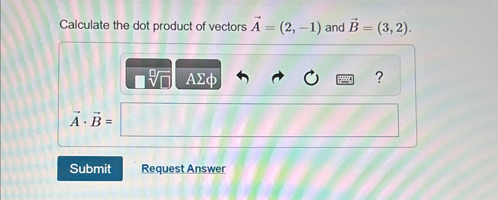 Solved Calculate the dot product of vectors vec(A)=(2,-1) | Chegg.com