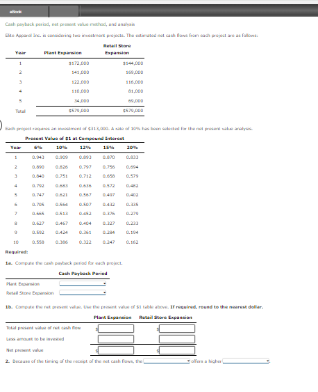 Cash payback poriod, nat present walue method, and | Chegg.com