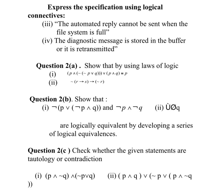 Solved Express the specification using logical connectives: | Chegg.com