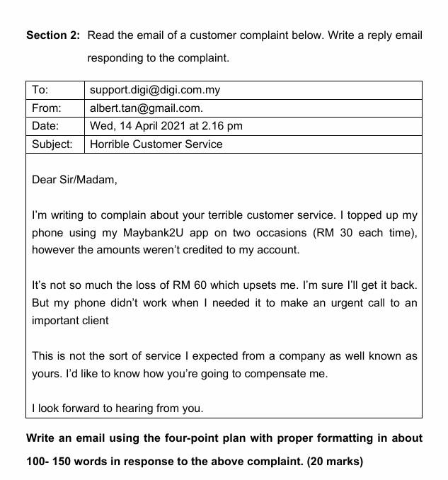 Solved Read The Email Of A Customer Complaint Below Write A Chegg