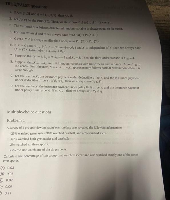 Solved TRUE/FALSE questions 1. If A = (1,3) and B = | Chegg.com