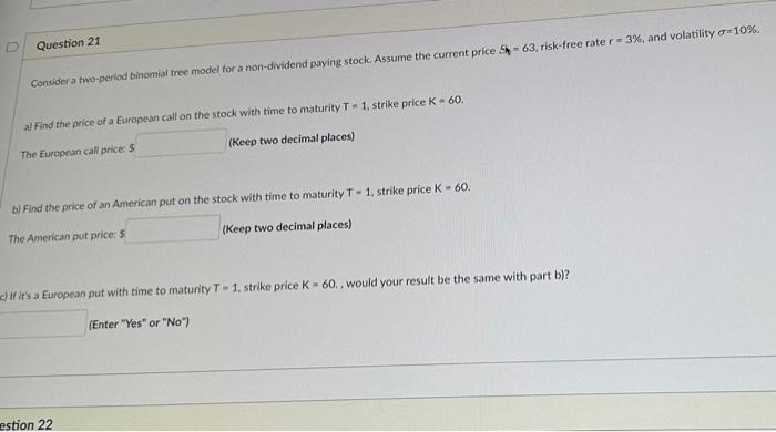 Solved Consider a two-period binomial tree model for a | Chegg.com
