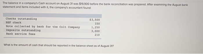 Solved The balance in a company's Cash account on August 31 | Chegg.com