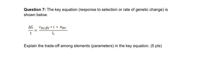 Question 7: The key equation (response to selection | Chegg.com