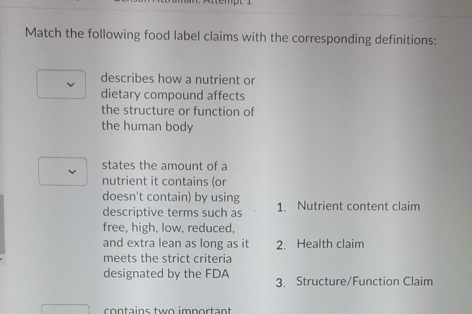 Solved Match the following food label claims with the | Chegg.com